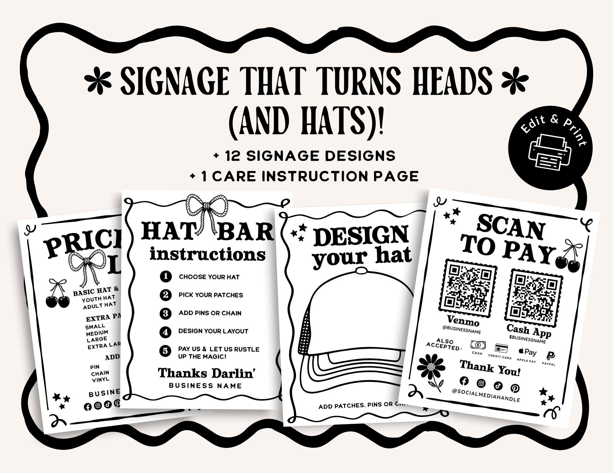 Trucker Hat Bar Sign Bundle + Hat Care Cards, Pop-up Event Signage ...