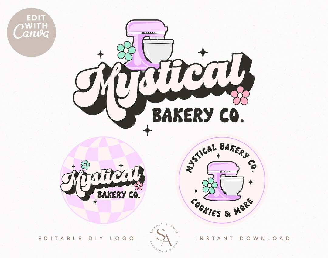 Editable Bright Retro Bakery Logo Design Instant Download, DIY Colorful ...