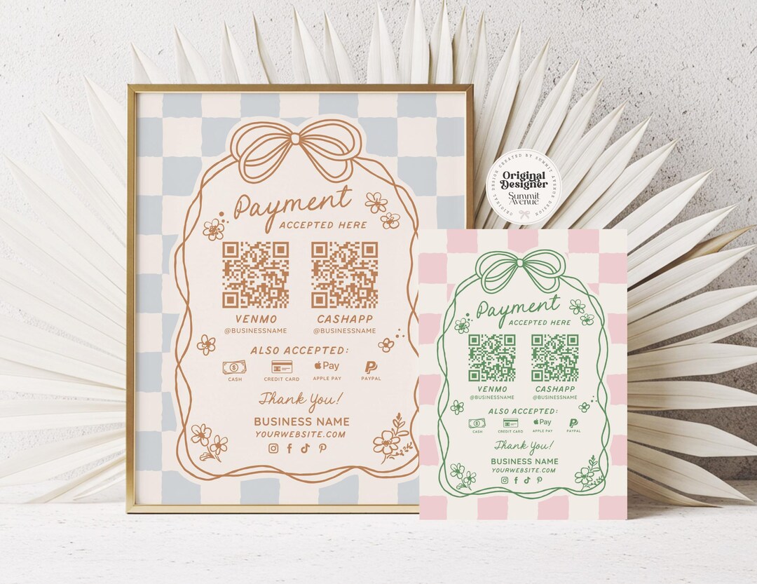 Printable Payment Sign QR Code Canva Template, Preppy Bow Scan to Pay ...