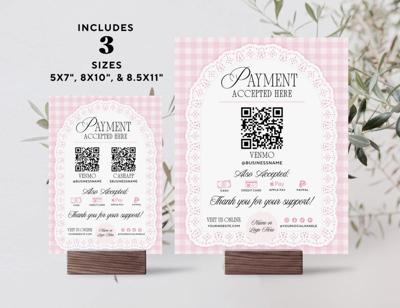 Editable Coquette Pink Gingham Lace Scan to Pay QR Sign DIY Cottagecore ...