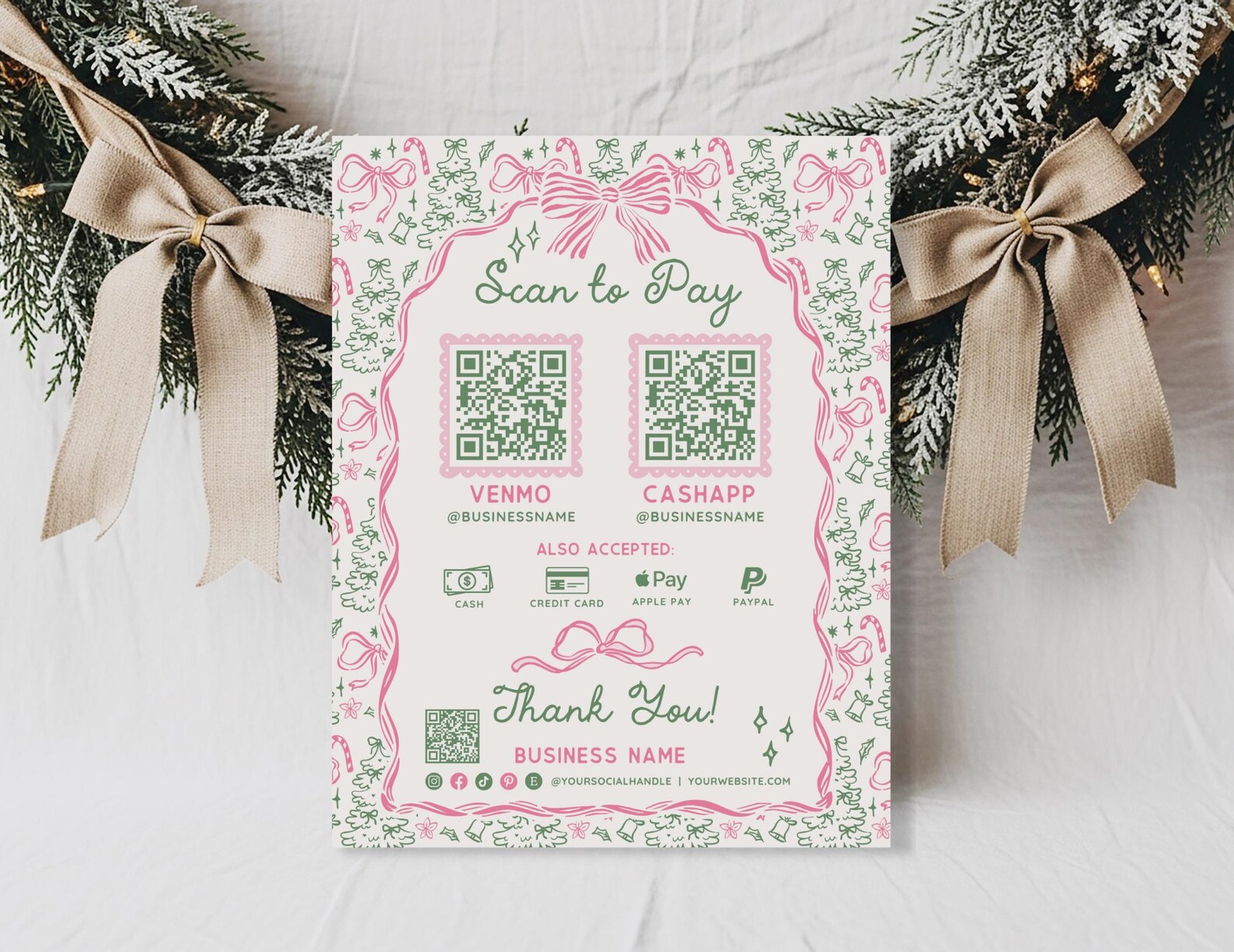 Editable Pink & Green Holiday Payment Sign Template, Coquette Christmas ...