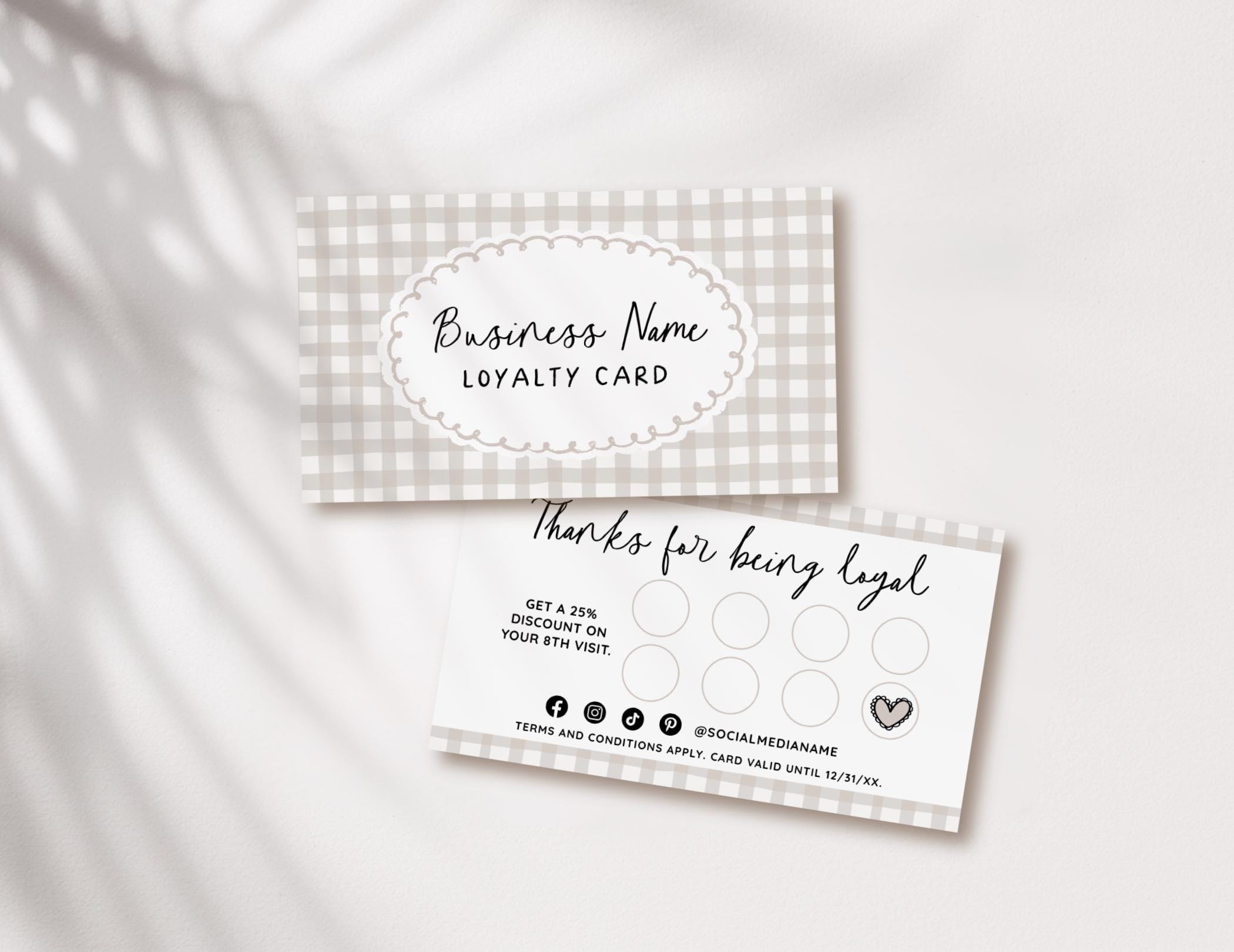 Cottagecore Editable Loyalty Card Template, Neutral Gingham Small ...
