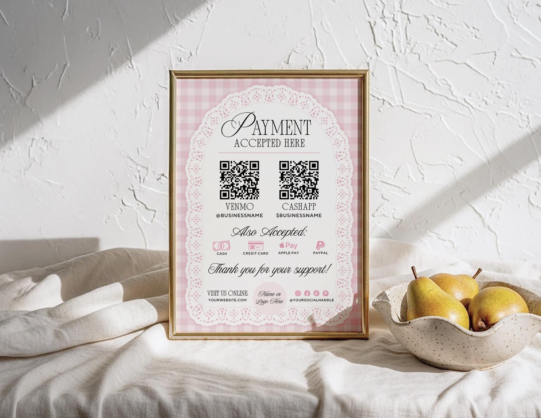 Editable Coquette Pink Gingham Lace Scan to Pay QR Sign DIY Cottagecore ...