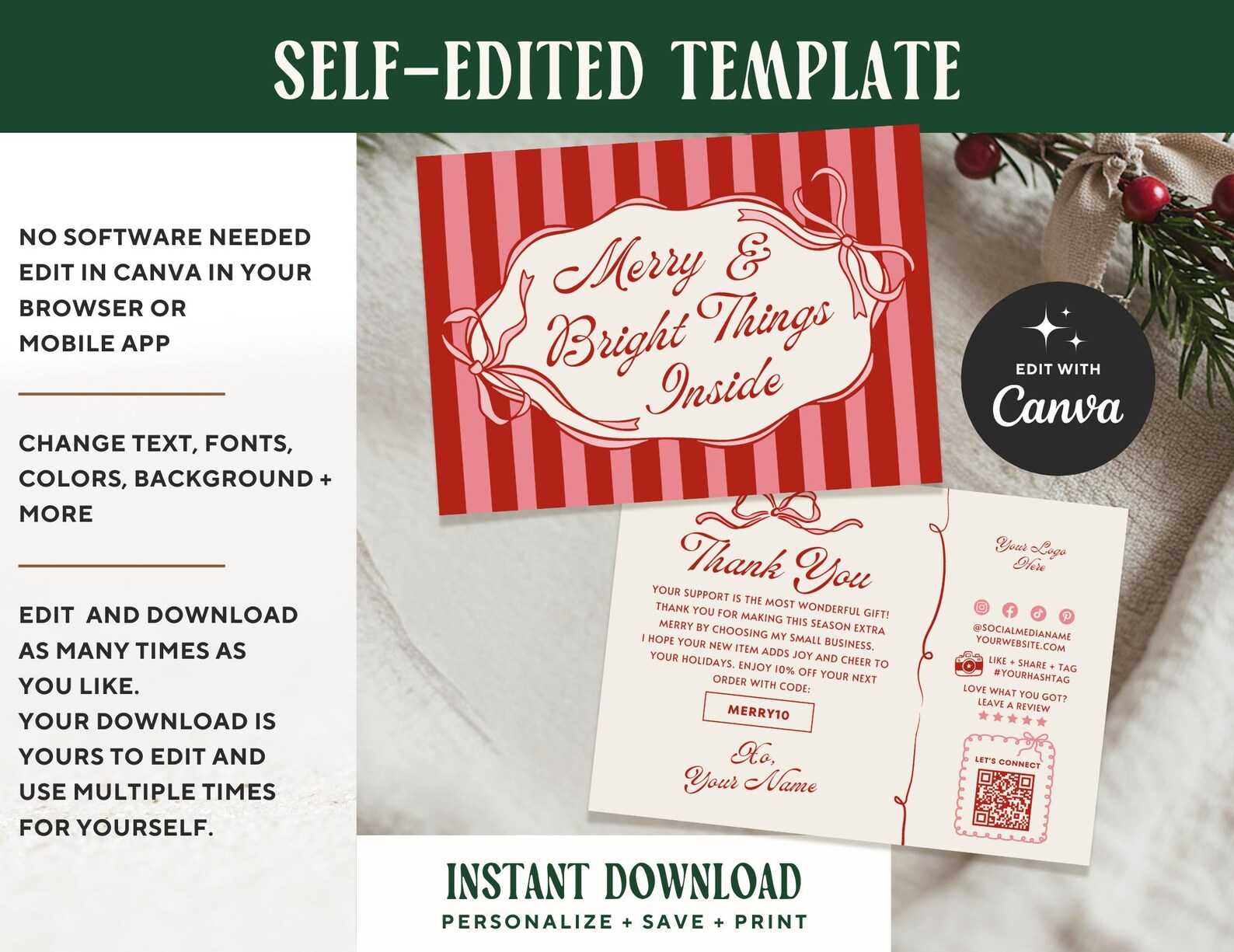 Editable Holiday Thank You Card Template, Coquette Christmas Small ...