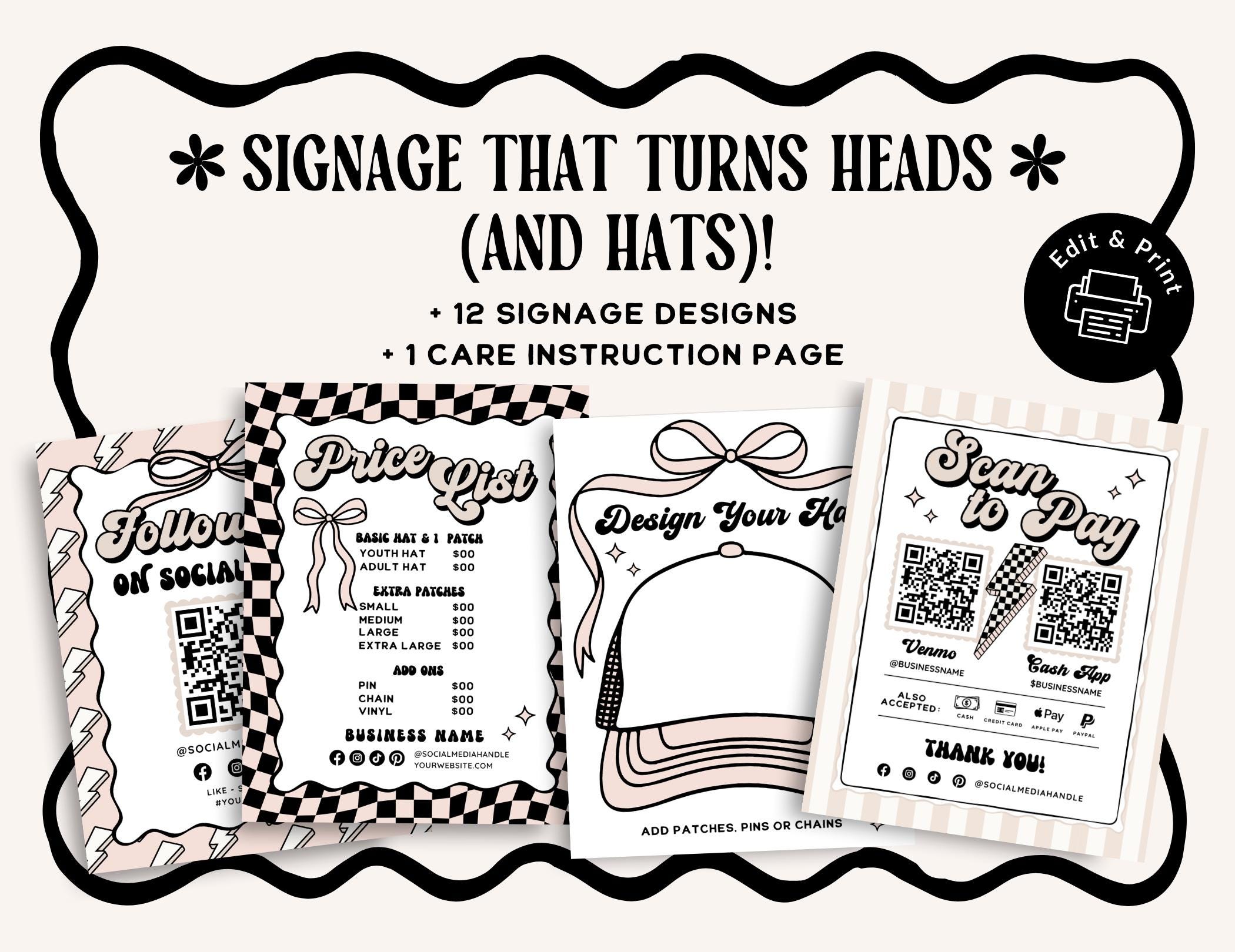 Trucker Hat Bar Sign Bundle Hat Care Cards, Pop-up Event Signage ...