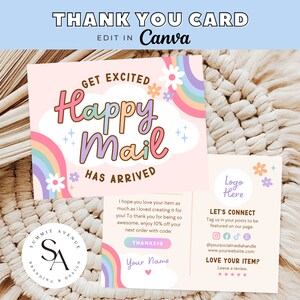 Retro Rainbow Thank You Card Canva Template, Colorful Boho Small ...