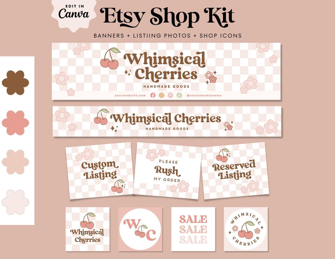 Editable Retro Cherry Etsy Shop Template Kit Canva, Cute Groovy ...