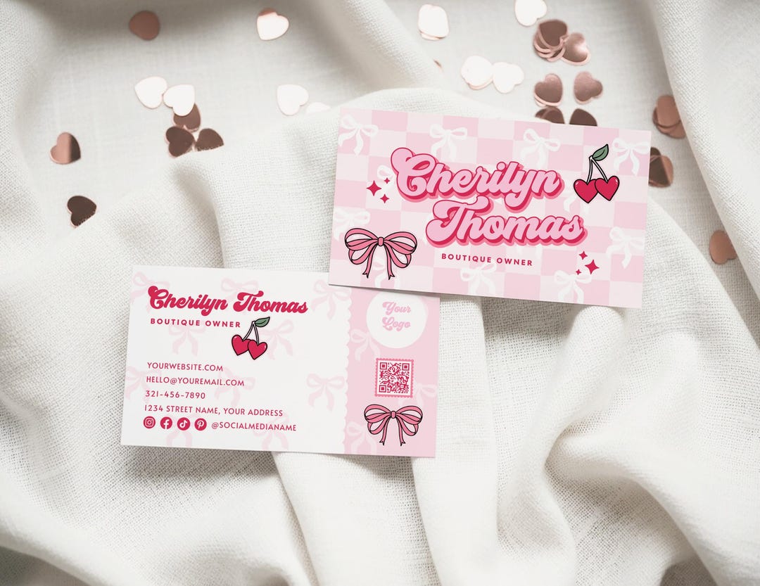 Coquette Pink Checker QR Code Business Card, Editable DIY Cherry Bow ...