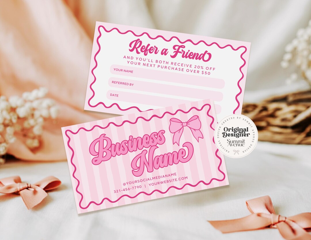 Coquette Bow Refer A Friend Business Card Template, Preppy Printable ...
