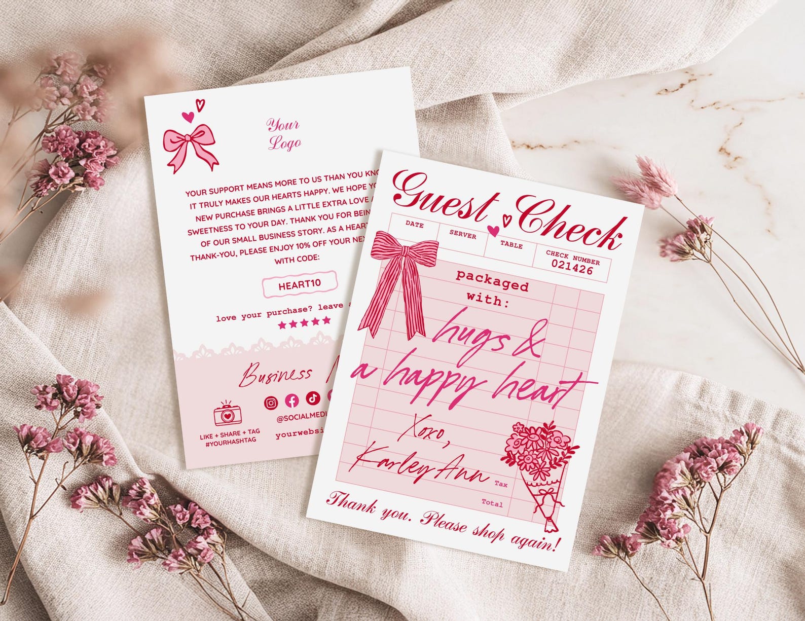 Valentine Vintage Guest Check Thank You Card Canva Template, Cute Pink ...