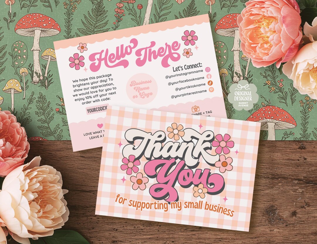 Floral Retro Thank You Card, DIY Editable Thanks for Purchase, Pink ...