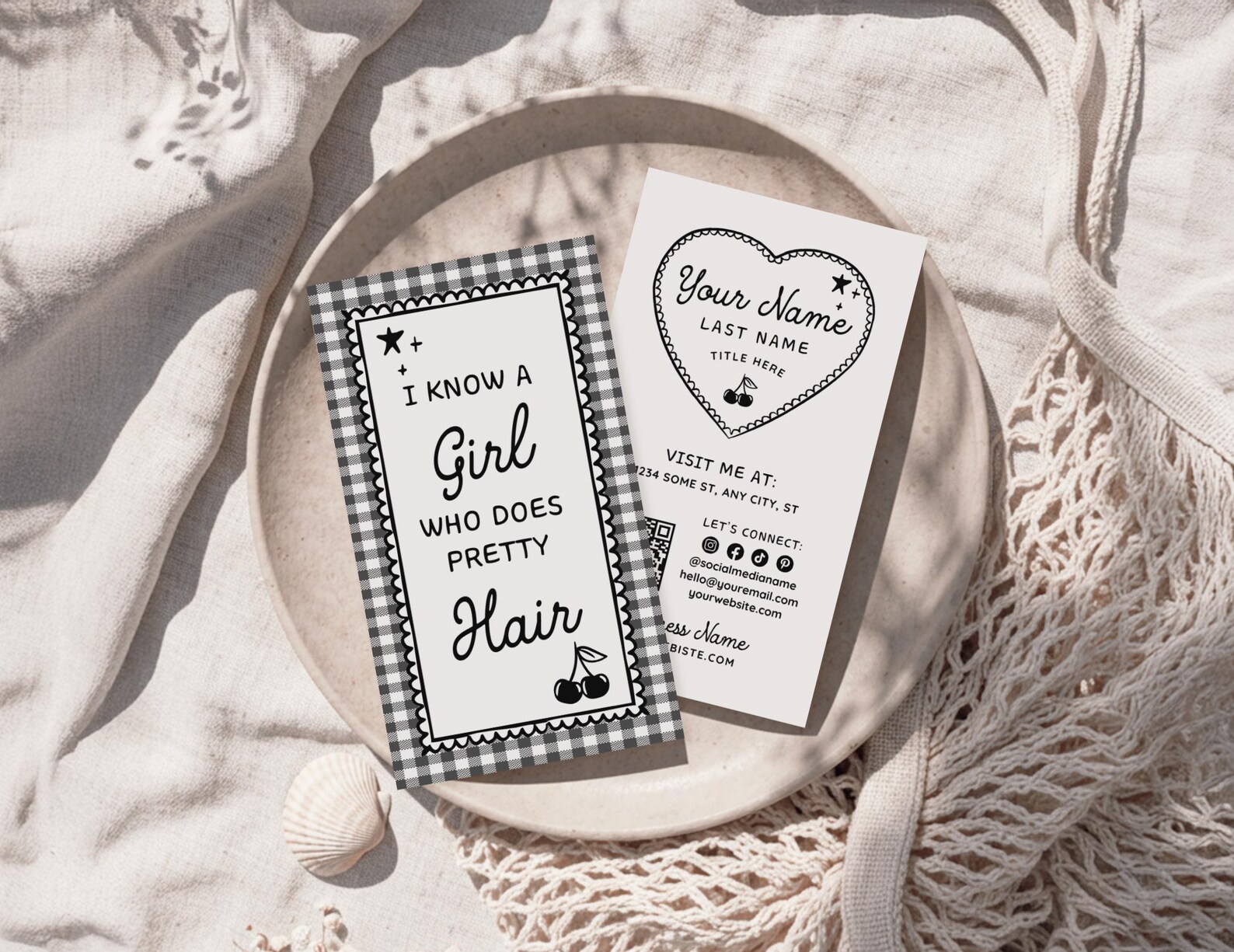 Retro Cherry Hair Stylist Business Card Template Canva QR Code, Gingham ...