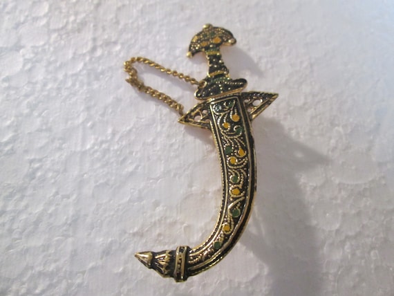 Vintage Curved Sword With Sheath, Gold Enamel Broach … - Gem