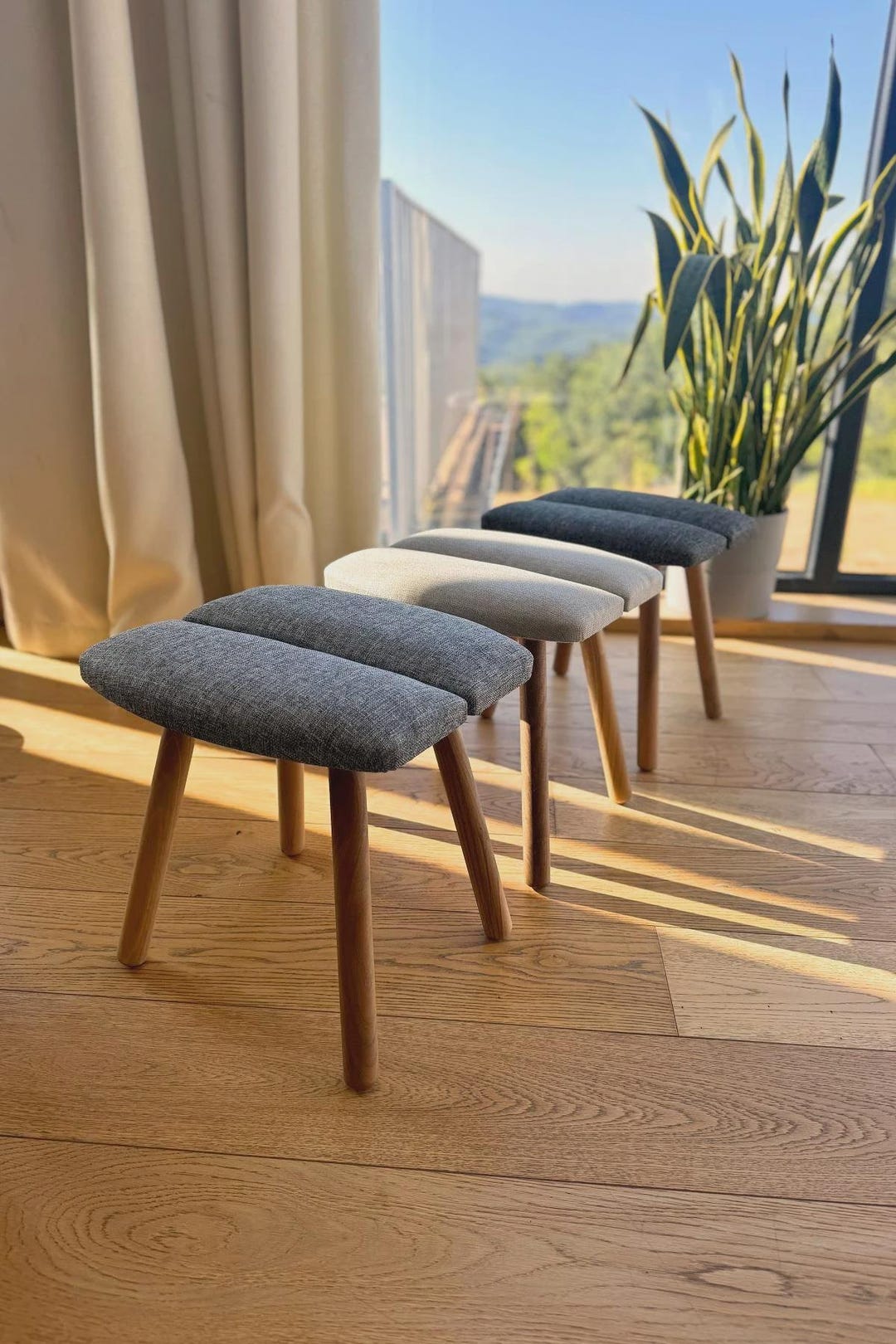 Wooden-leg Walnut Almond Pouf Stool – Stylish and Comfortable Double ...