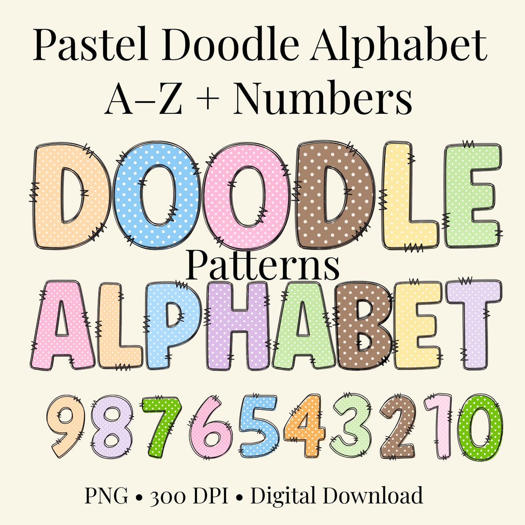Pastel Doodle Alphabet Clipart A–Z & Numbers PNG, Polka Dot Font, Kids ...