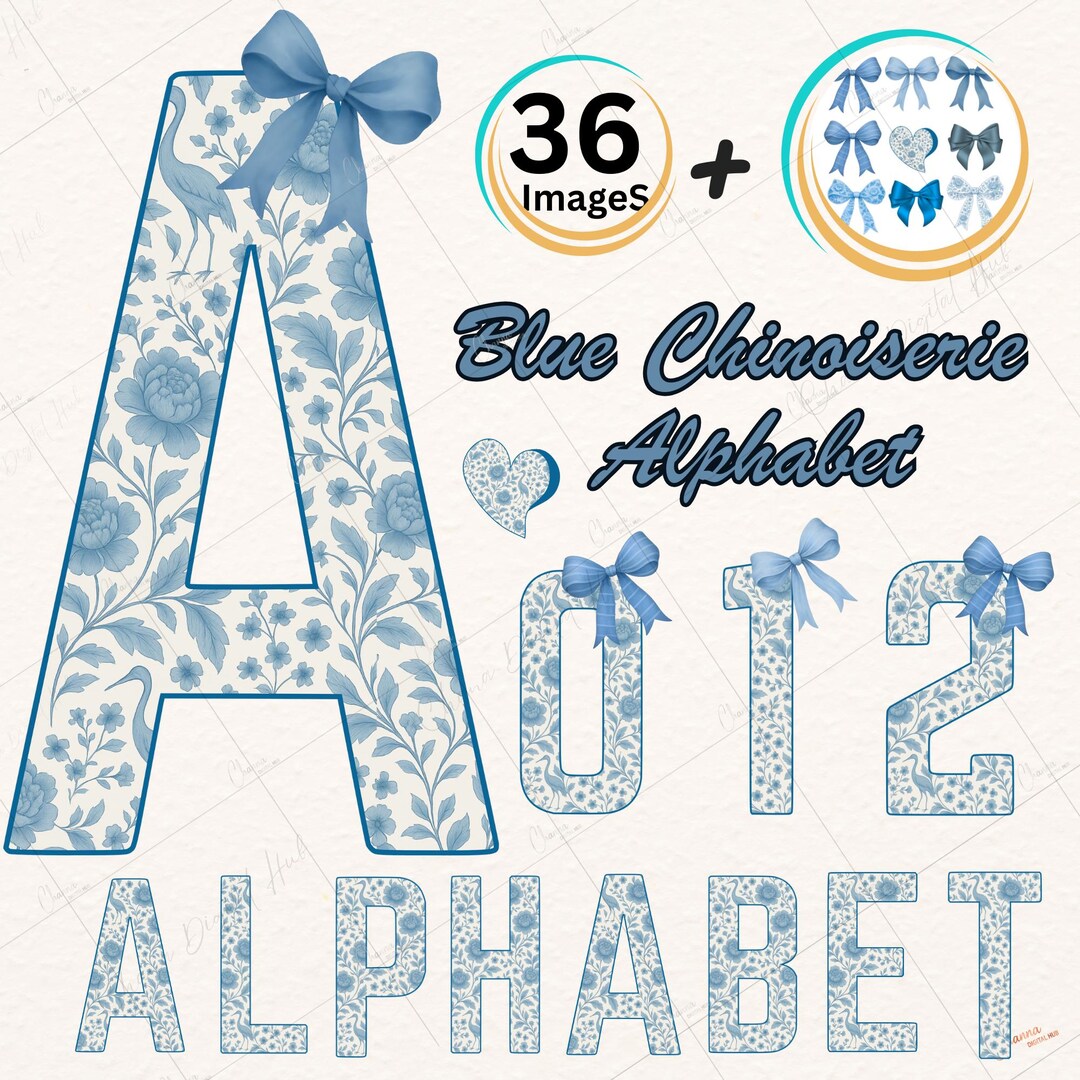 Chinoiserie Floral Alphabet Clipart, Blue Bows, Letters & Numbers ...