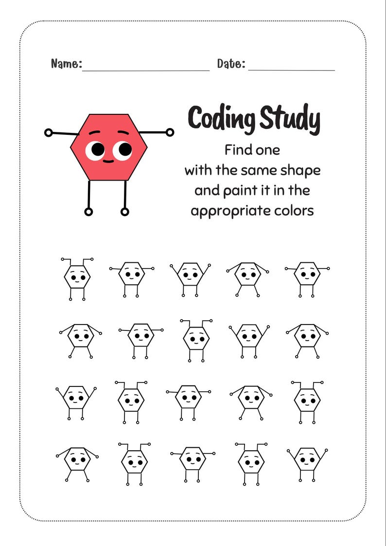 Cartoon Coding Worksheets for Kids | Match Shapes & Color | Fun ...