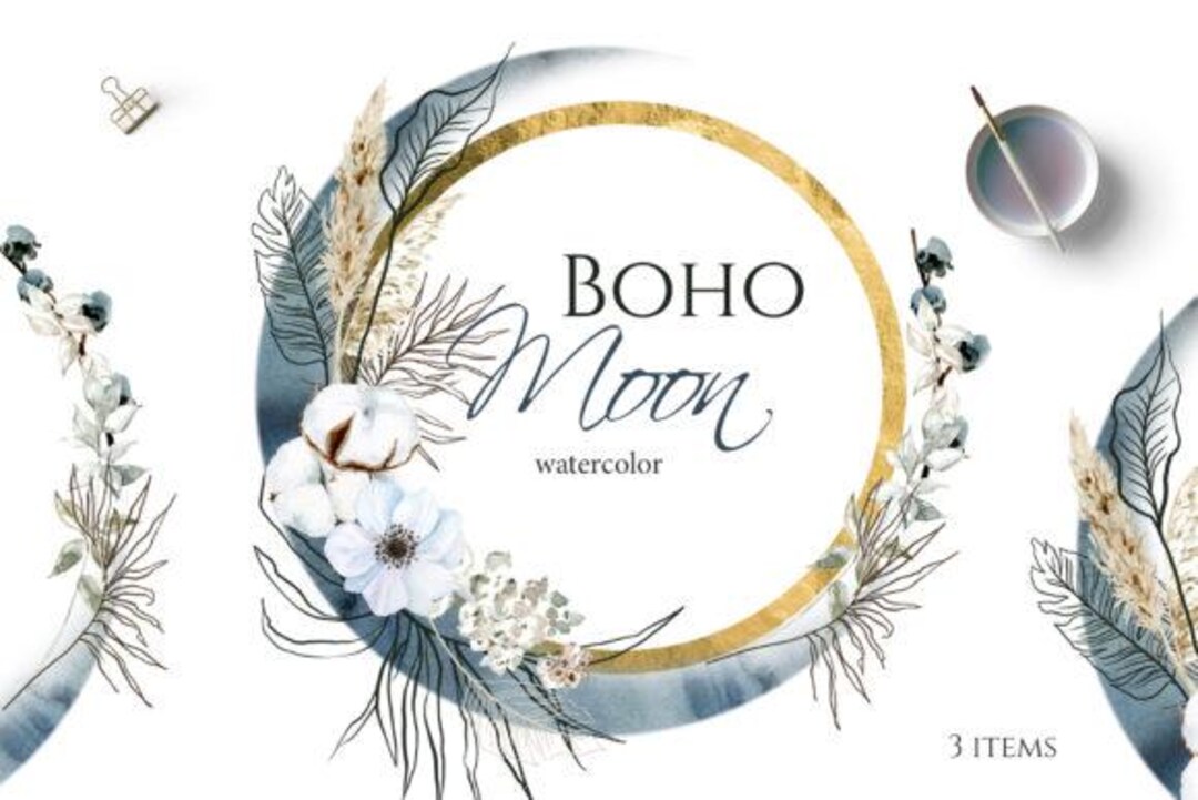Boho Round Floral Frame Clipart Pampas Grass. Blue Moon Watercolor ...