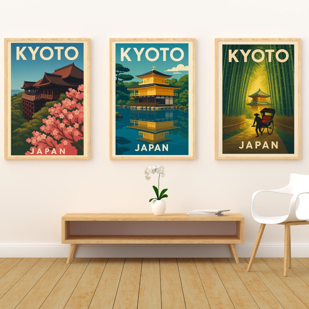 Kyoto Japan Poster Set of 3 Retro Travel Wall Art Kinkaku-ji, Kiyomizu ...