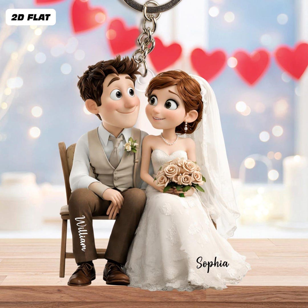 Personalized Cute Cartoon Wedding Couple Acrylic Keychain, Valentine’s ...