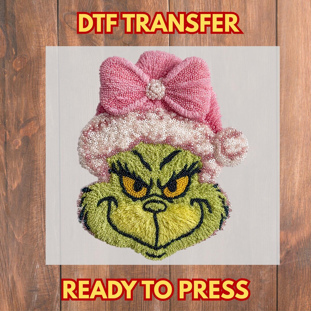 Pink Bow Sequin DTF Transfer, Ready to Press Green Character Head ...