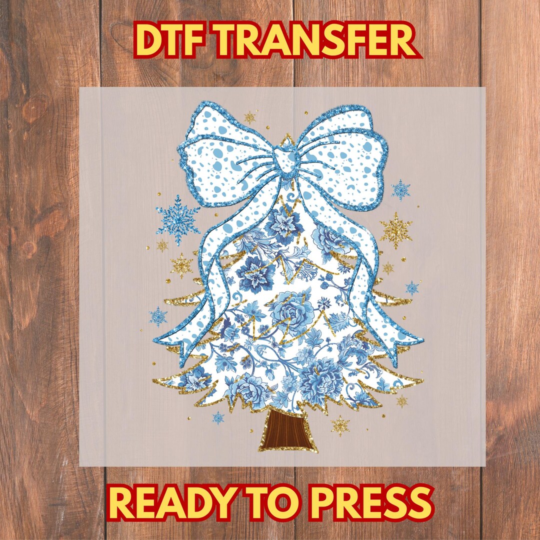 Blue Floral Christmas Tree DTF Transfer, Ready-to-press Winter Holiday ...