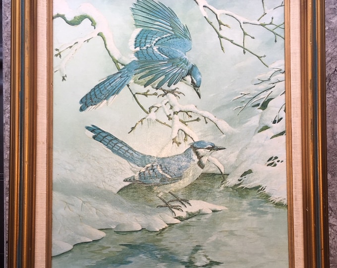 Vintage Basil Ede "blue Jays in Winter" 1968 Lithograph Print Faux ...