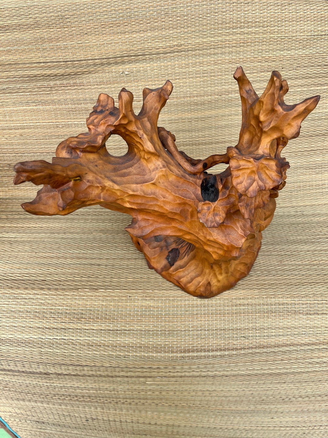 Large Hand Carved Burl Wood SCULPTURE Art Tree Root Trunk FLORAL Nuts ...