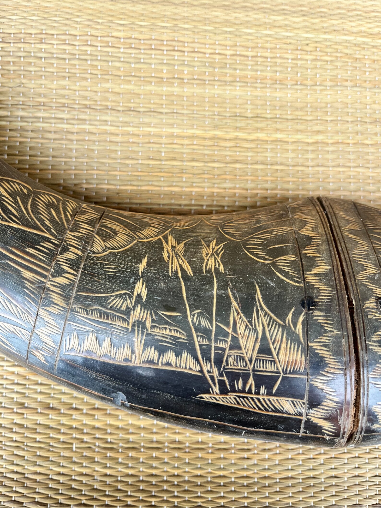 Vintage Bull Horns WESTERN Cow Steer 12" VINTAGE Etched Carved Asian ...