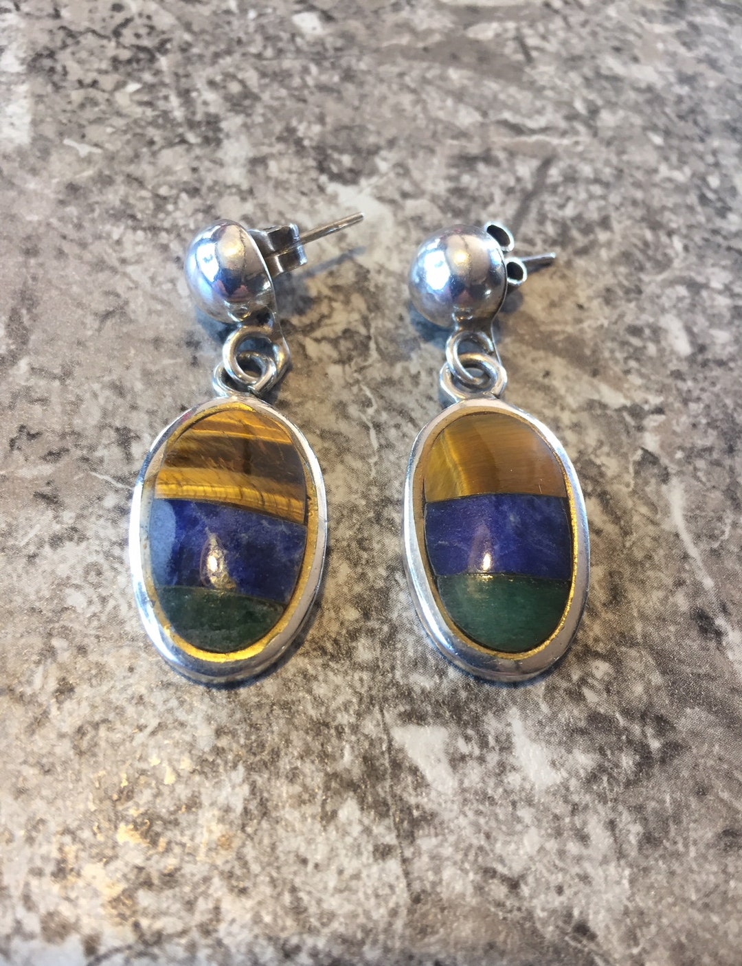 Vintage Rocel Mexican Sterling Silver Earrings Mixed Stone Tiger's Eye ...
