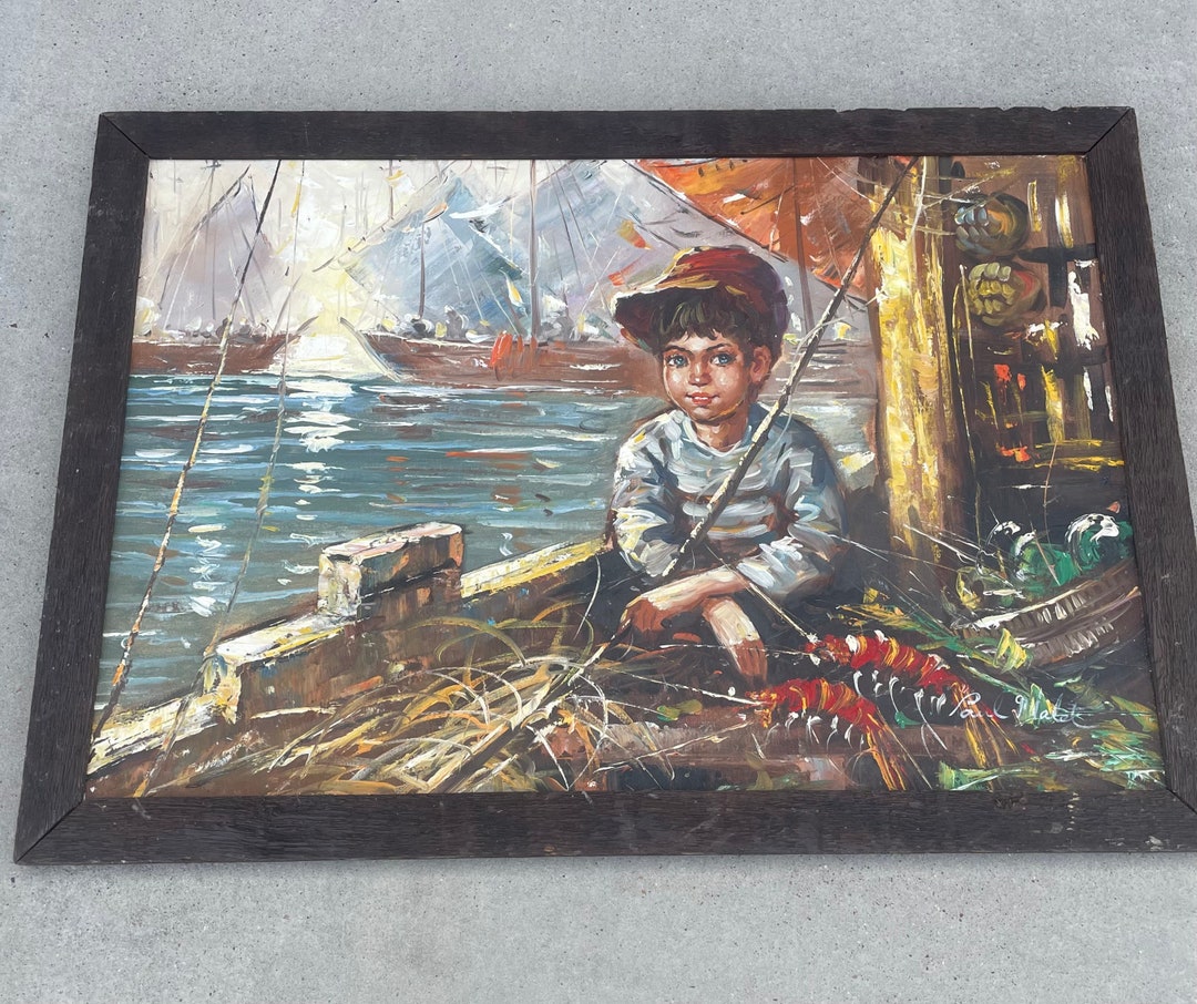 Vintage Oil Painting by Paul Malet Signed Boy Fishing Boat Harbor - Etsy
