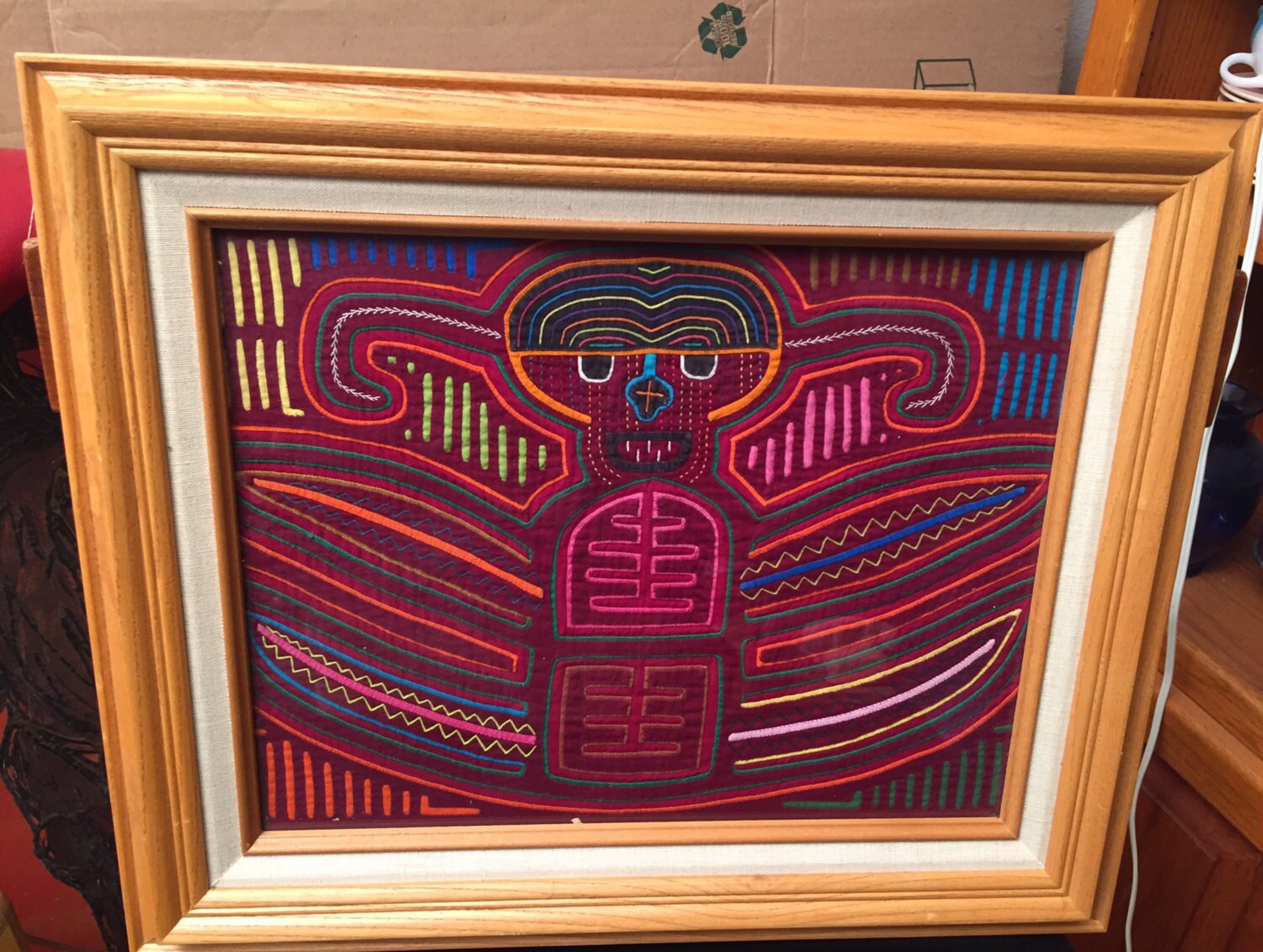 Vintage Framed Mola Panama Textile Fabric Kuna Indian Folk God Art