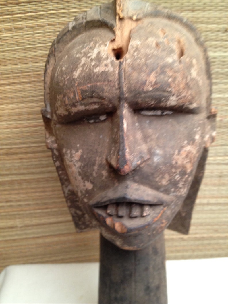 RARE 14" Antique Early African Tribal Carved Wood Staff Head Kuyu ...