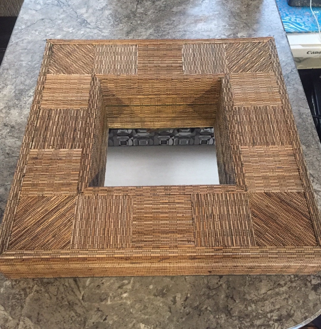 Vintage Woven Bamboo Shadow Box Shelf Mirror Handmade Geometric Art Box ...