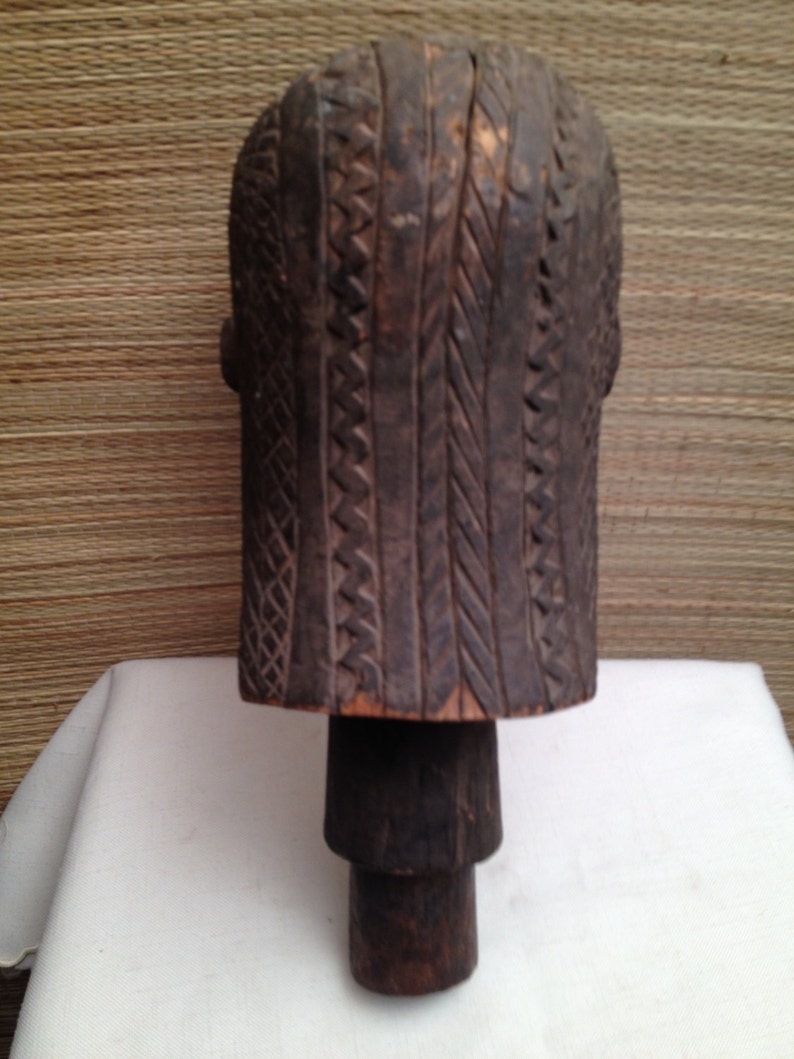 RARE 14" Antique Early African Tribal Carved Wood Staff Head Kuyu ...