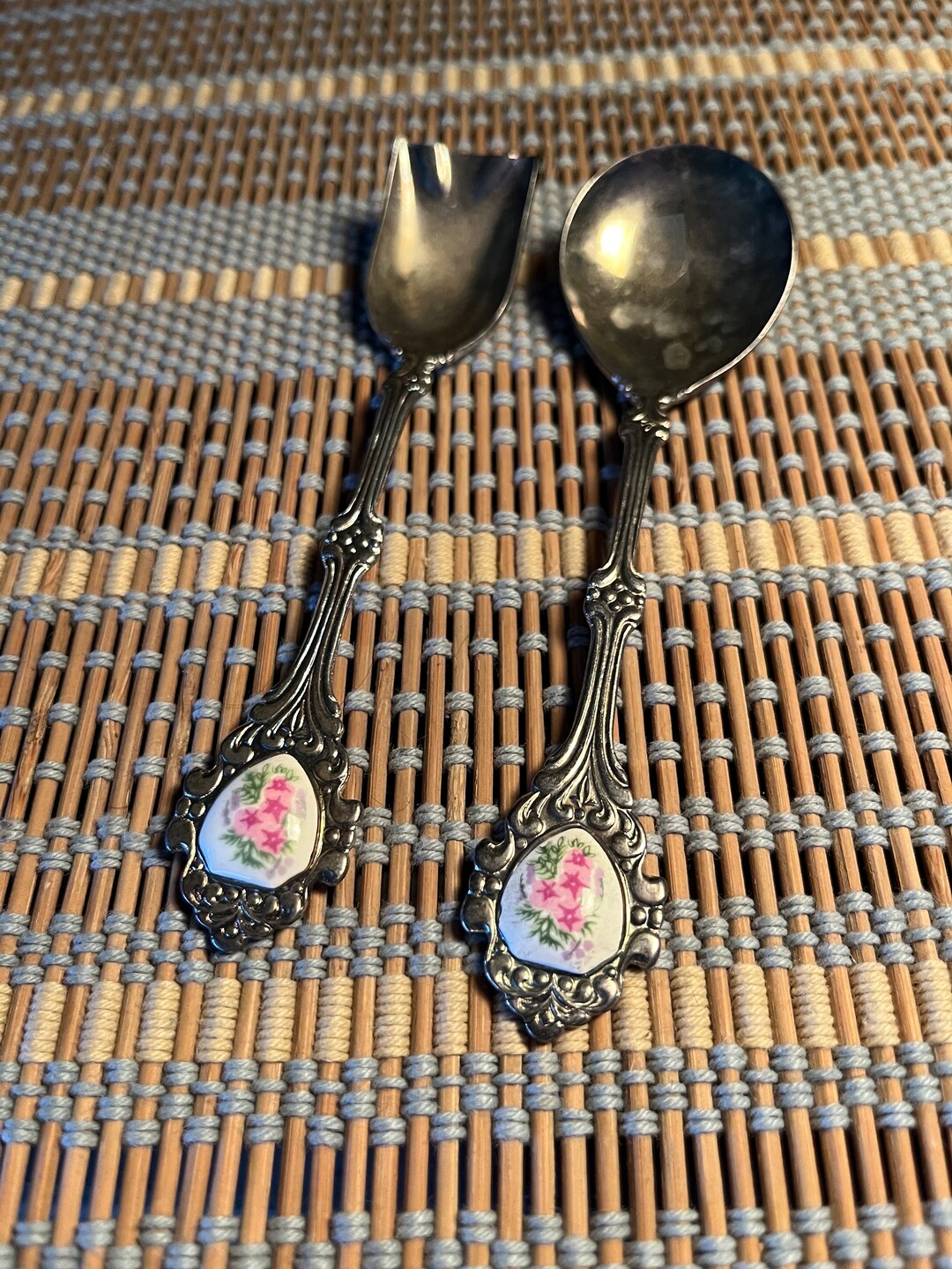 Rostfrei Solingen Silver Plated Enamel Rose Sugar Spoon Scoop SET 2 Pcs ...