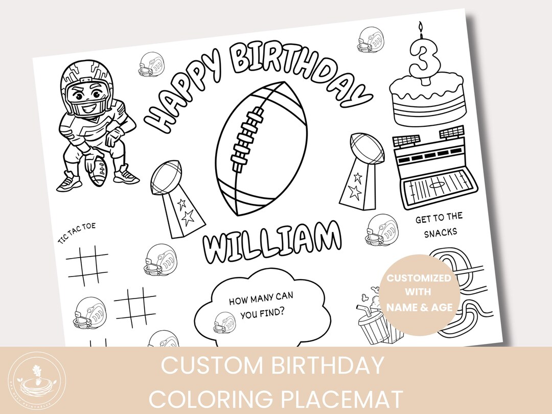 Personalized Football Birthday Placemat: Coloring Activity Sheet ...