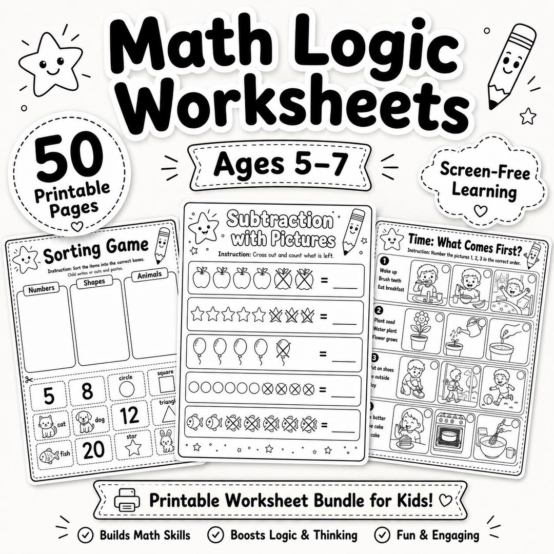 Math Logic Worksheets for Kids Ages 5-7 – 50 Printable Pages (PDF ...