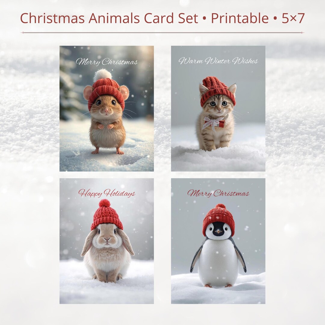Christmas Animal Cards Set of 4 • Printable Holiday Cards 5x7 • Cute ...