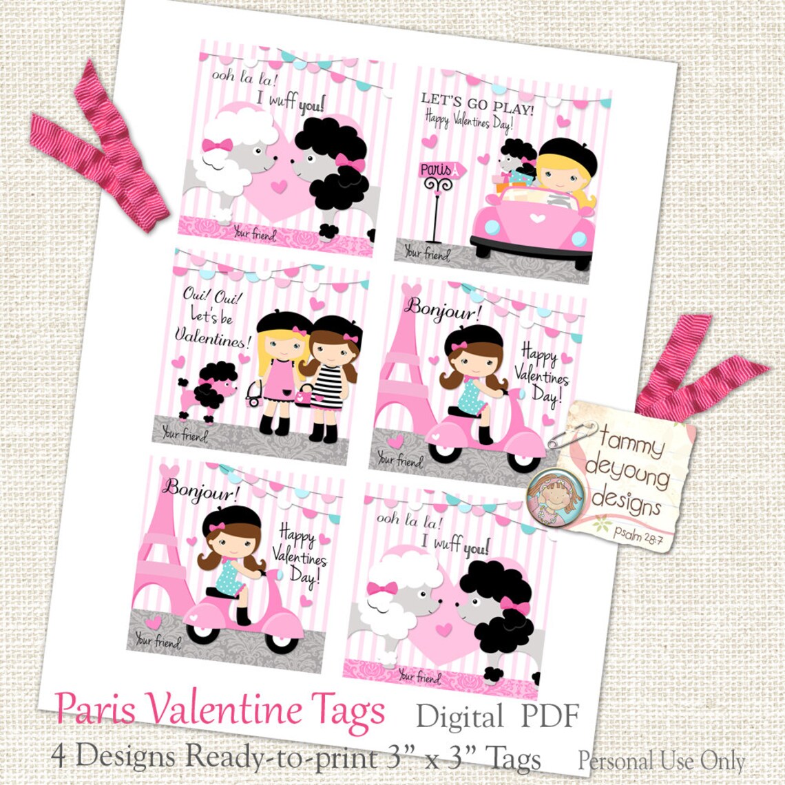 Pink Paris Valentine Tags for Girls, Kids Valentine Day Cards, DIY ...