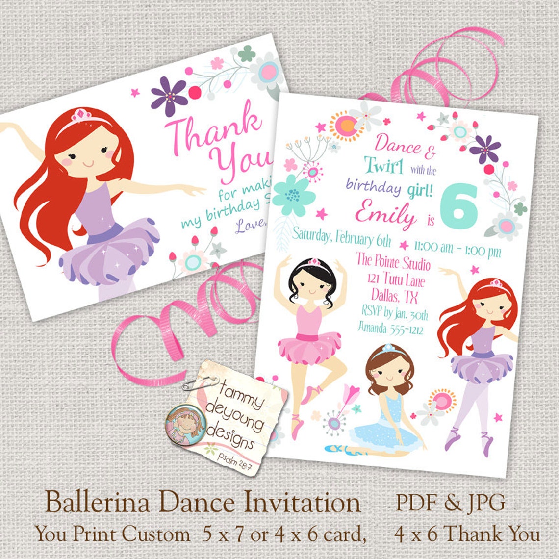 Girls Ballerina Birthday Party Invitation, Dance Party Invitation ...