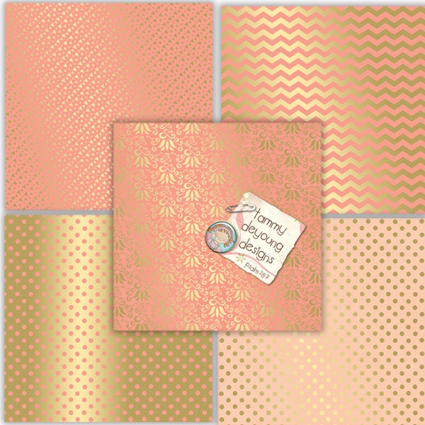 Shiny Coral & Gold Digital Paper *coral and Gold Wedding* Metalic Paper ...