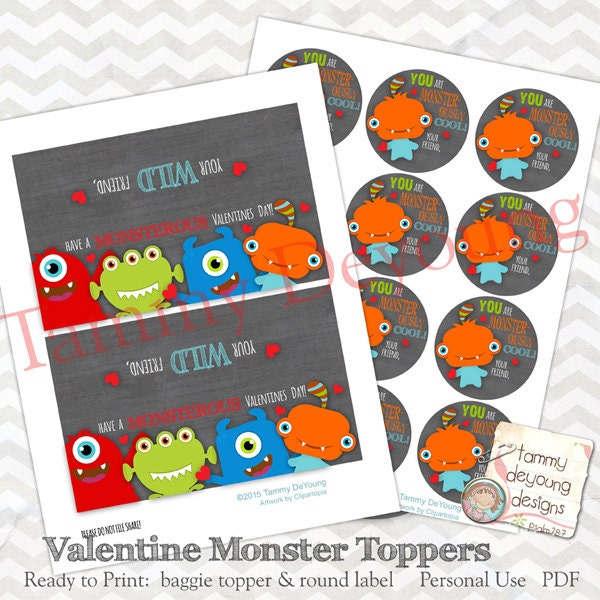 Monster Valentine Treat Bag Toppers & Tag * Valentines for Kids * Boys ...