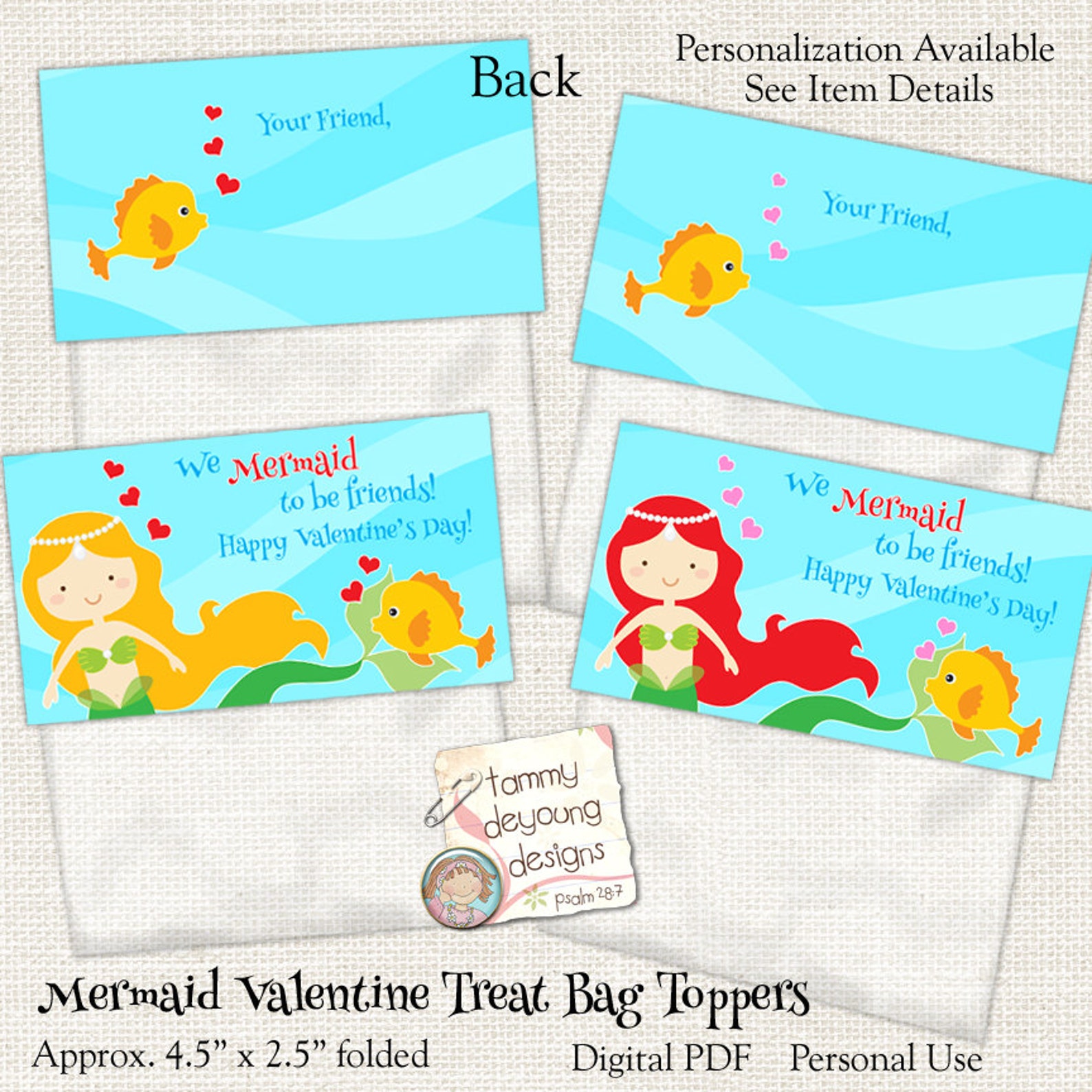 Valentines Treat Bag Toppers for Goldfish Crackers, Blonde Mermaid ...