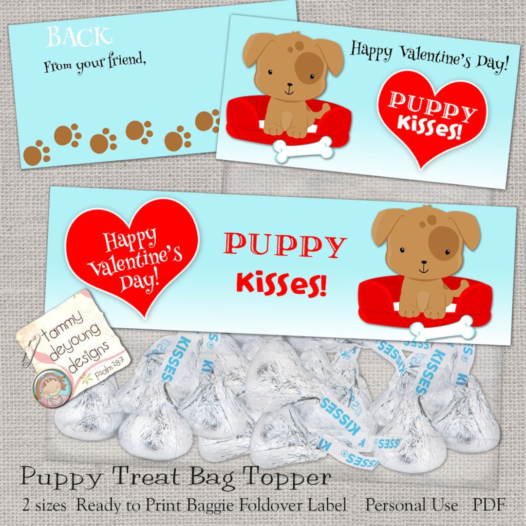 Puppy Dog Valentine Treat Bag Toppers, Candy Kisses, Valentine Party ...