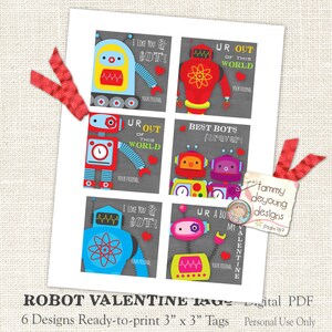 Valentines Day Cards for Kids, Robot Valentines Tags Boys or Girls, DIY ...