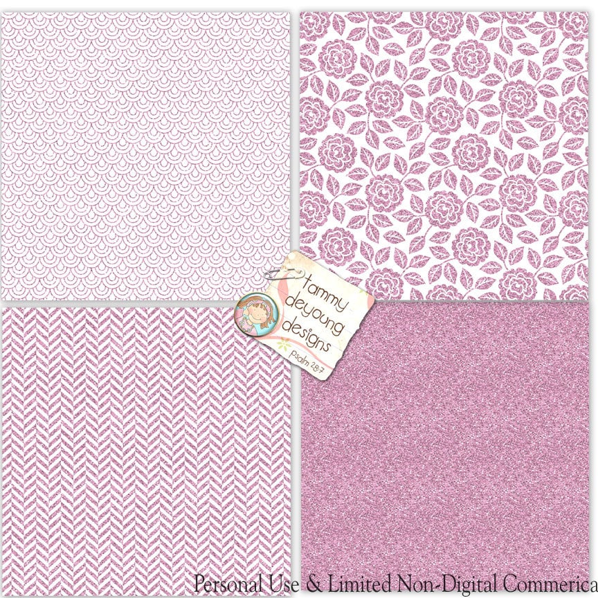 Pink Glitter Digital Paper, Faux Glitter Backgrounds Bling With Hearts ...
