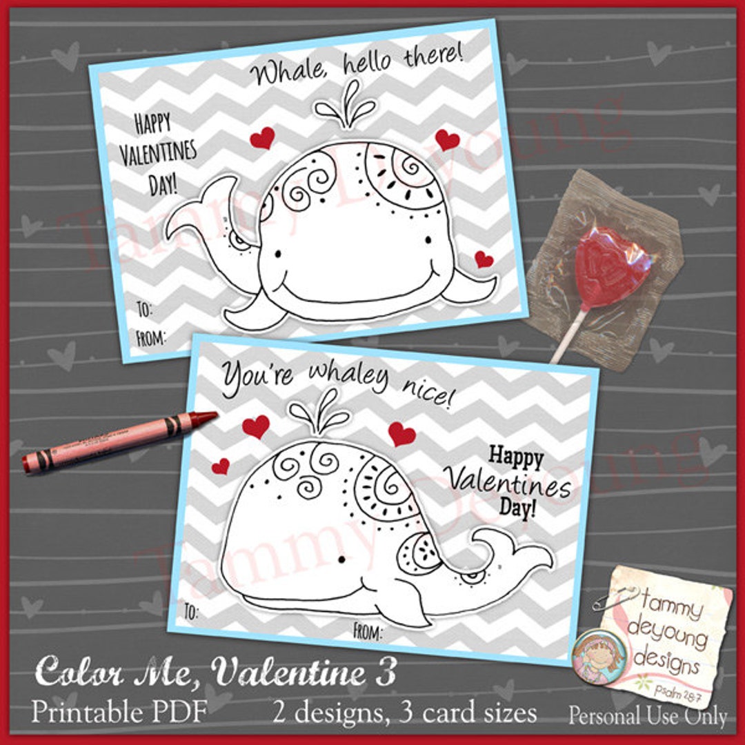 Coloring Valentine Cards for Kids, Whale Valentines Day Tags, DIY ...