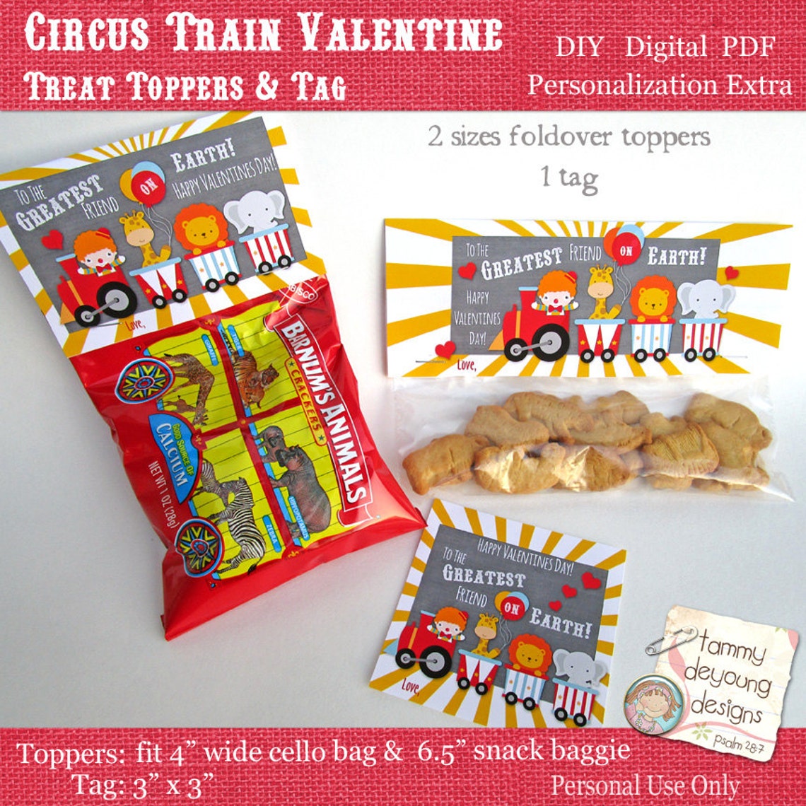 Circus Valentine Treat Bag Toppers & Tag, Train Valentine, Animal ...