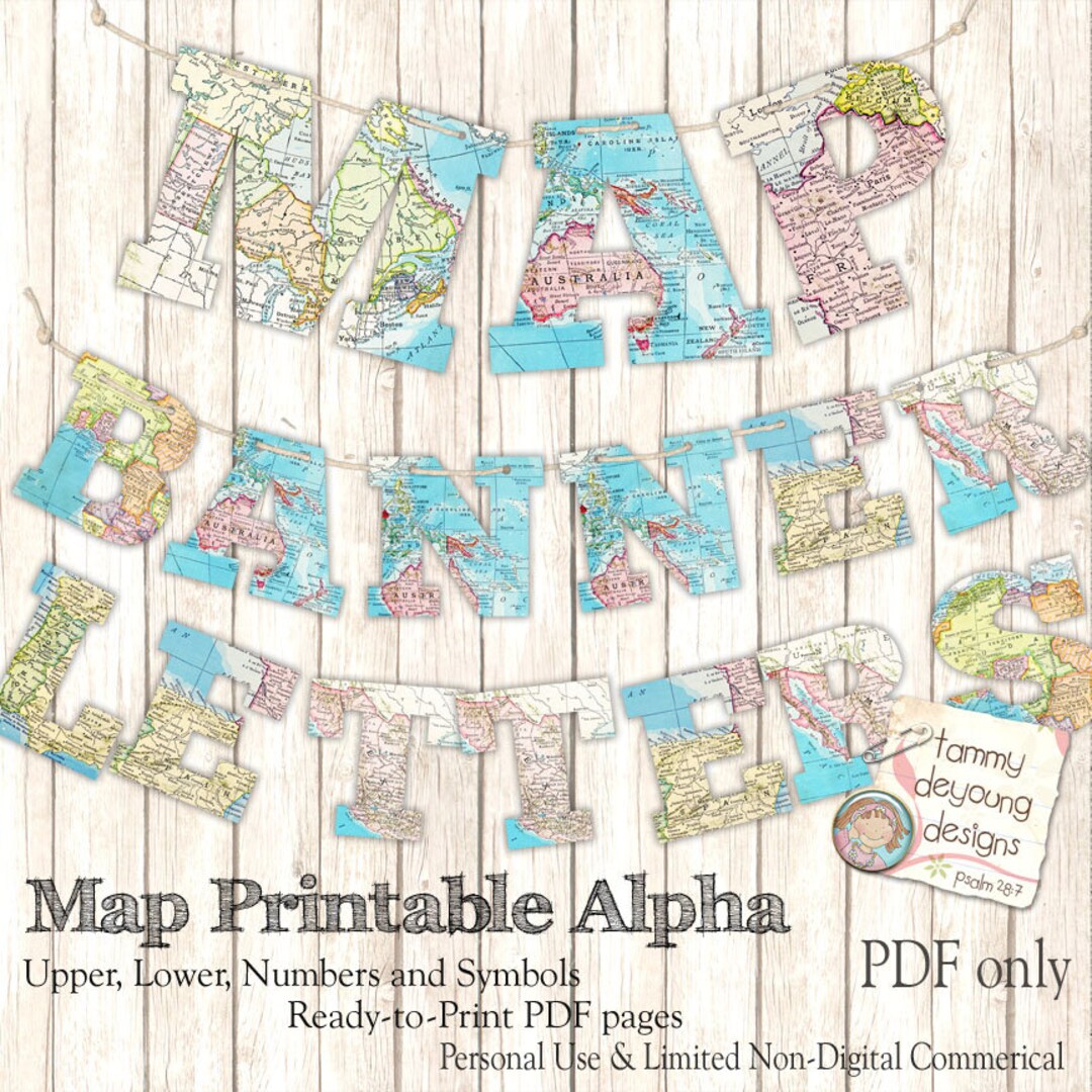 Map Banner Garland Printable, World Map Alphabet, Letters for Travel ...